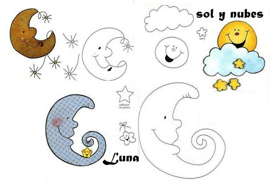moldes luna, sol y nubes - Colorear dibujos infantiles
